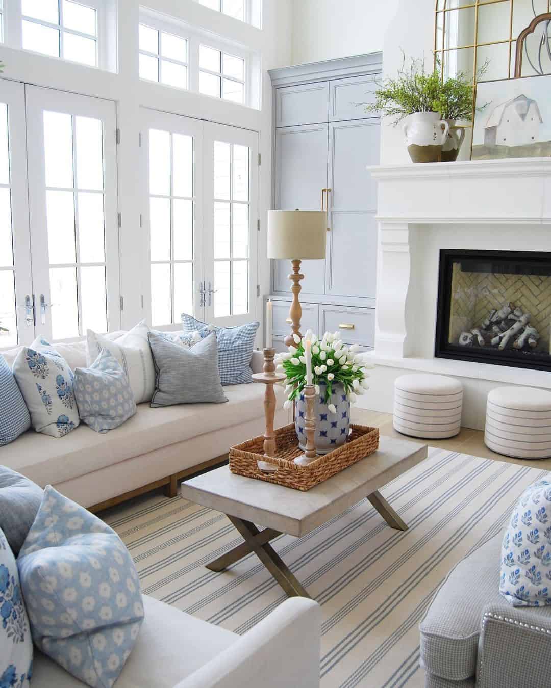 Lofty Living Room With Blue-and-White Accents - Soul & Lane