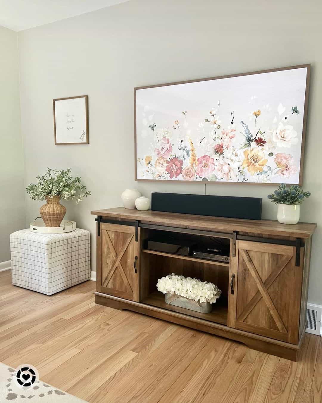 Minimalist Warm Wood TV Entertainment Center With Greenery - Soul & Lane
