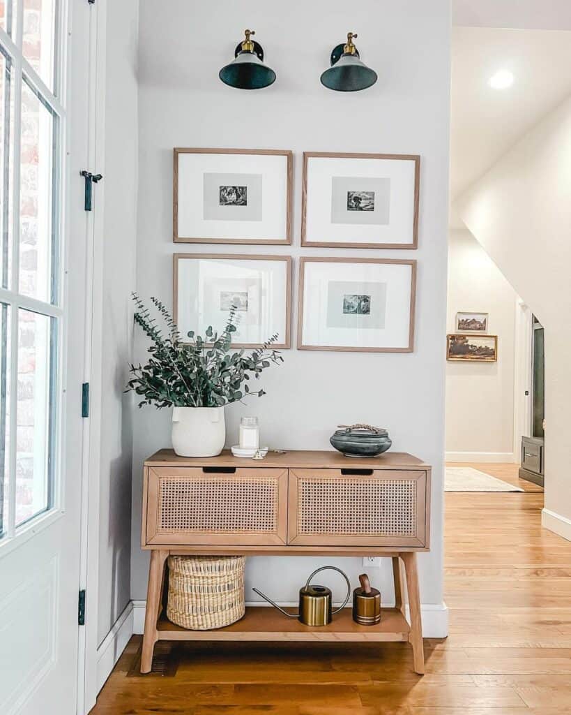 Modern Cane Wood Table With Illuminated Gallery Wall - Soul & Lane