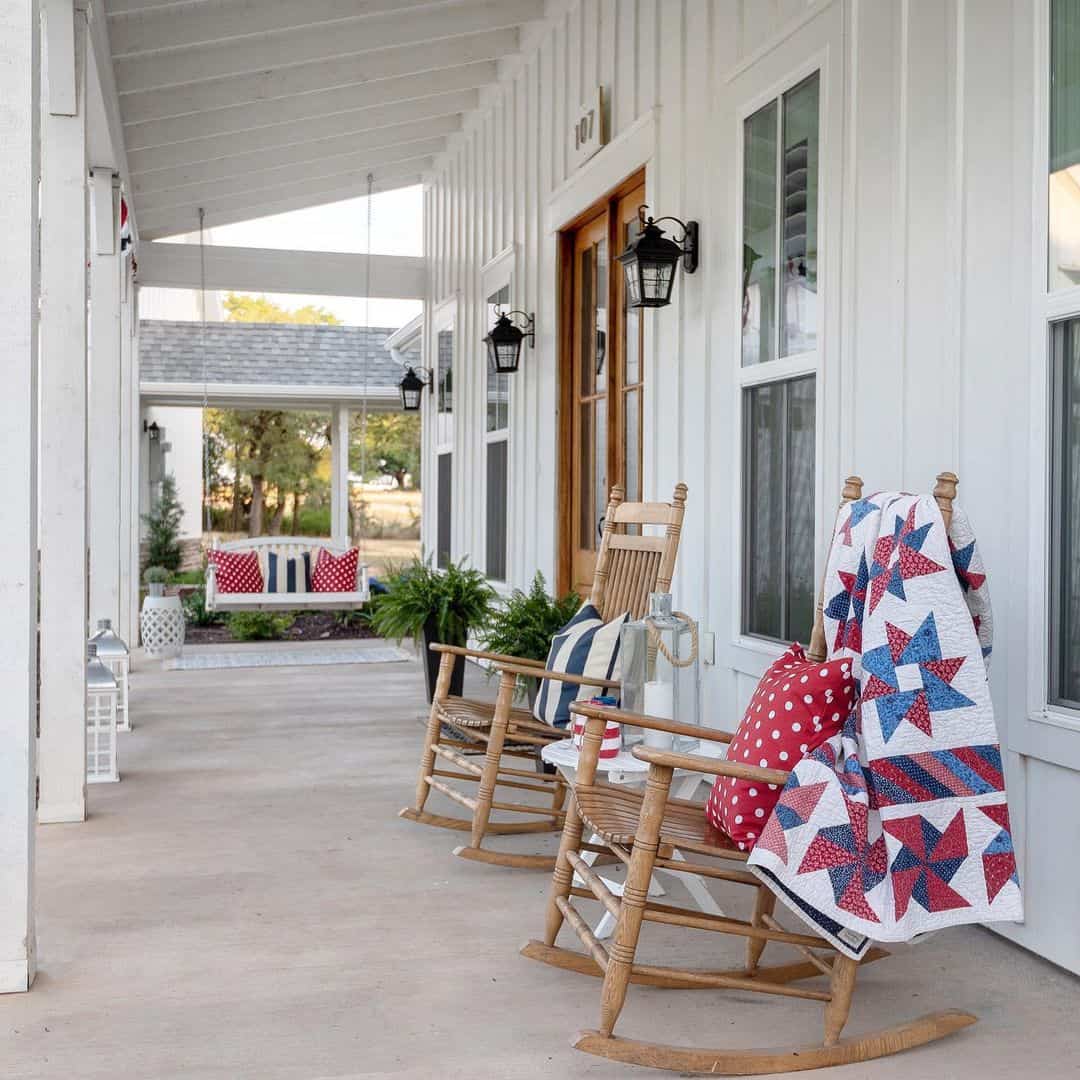 Patriotic Quilt on Front Porch Wooden Rocking Chair - Soul & Lane