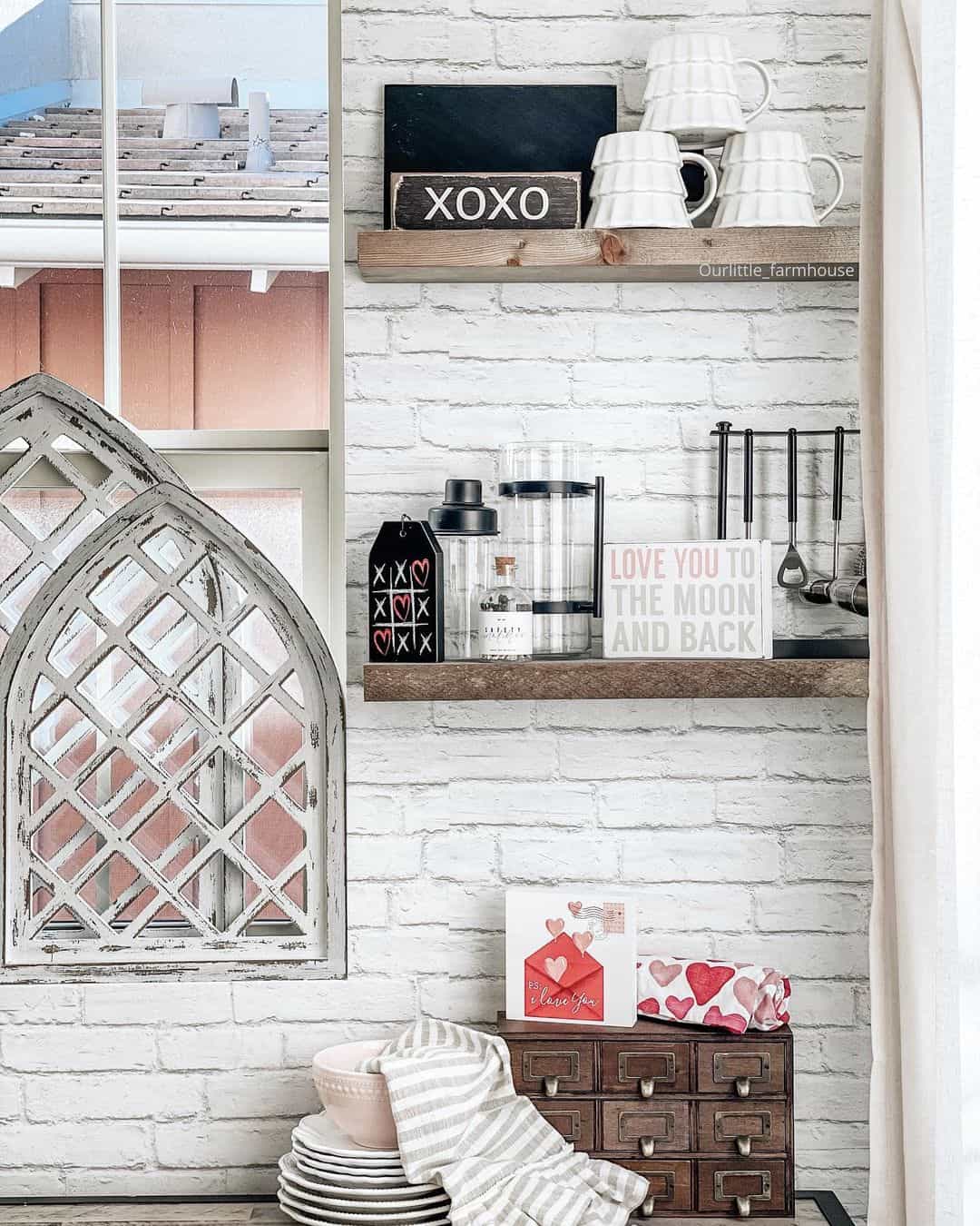 White Painted Brick Wall With Wood Floating Shelves - Soul & Lane