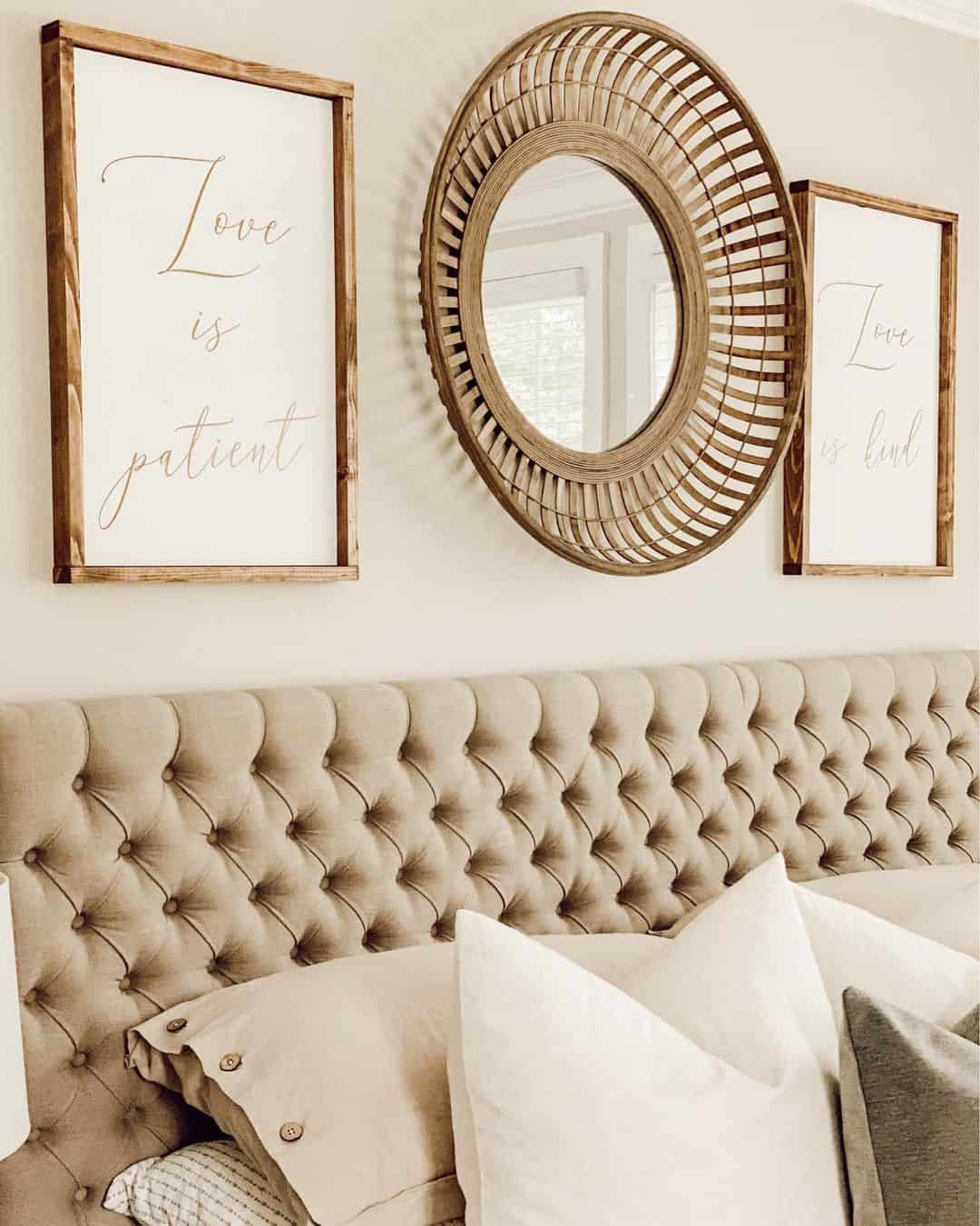 Above Bed Décor With Round Rattan Mirror - Soul & Lane