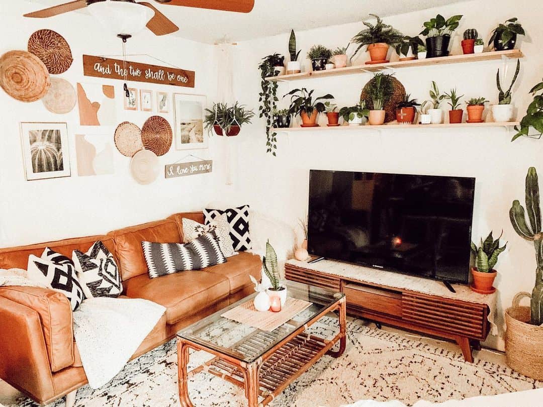 Earthy Living Room Shelves With Plants - Soul & Lane