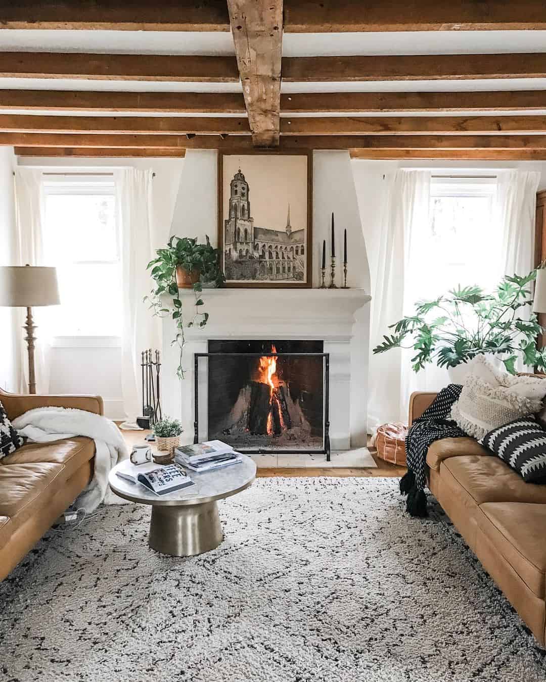 Exposed Natural Wood Beams in Farmhouse-style Living Room - Soul & Lane