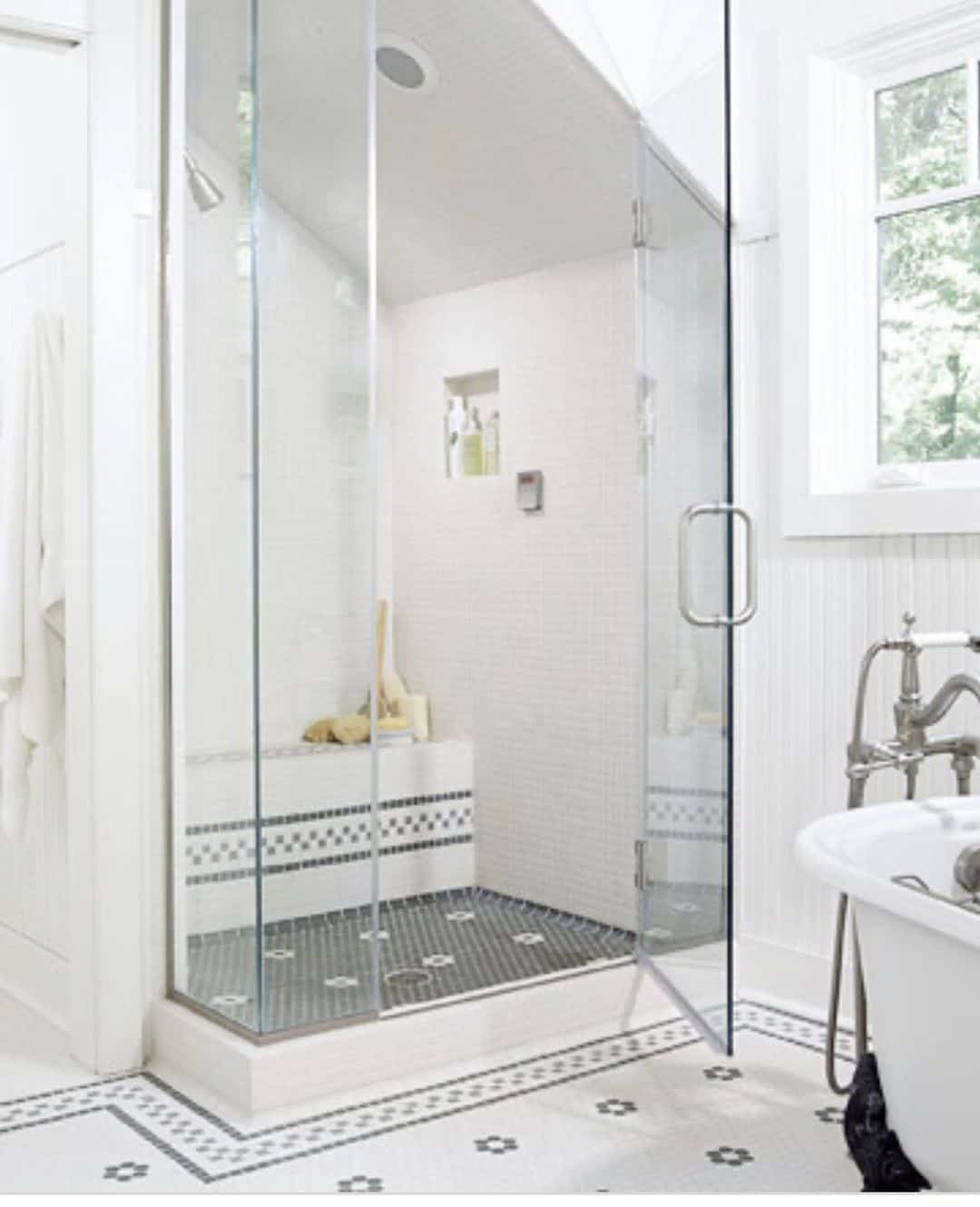 Monochromatic Bathroom With Playful Flower-patterned Floor Tiles - Soul ...