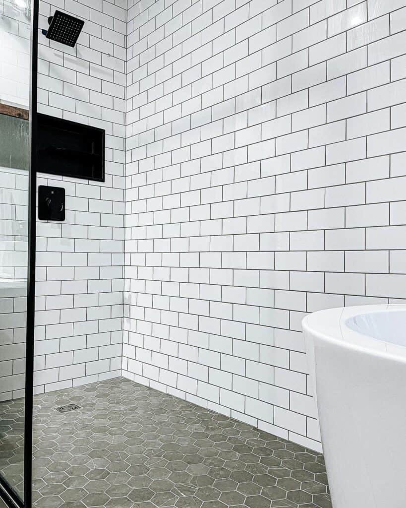 Spacious Walk-in Shower With Grey Hexagonal Floor Tiles - Soul & Lane