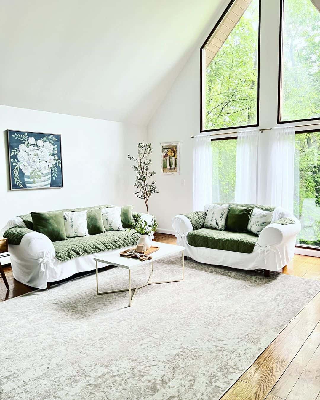 White Living Room Sofas With Green Accents - Soul & Lane