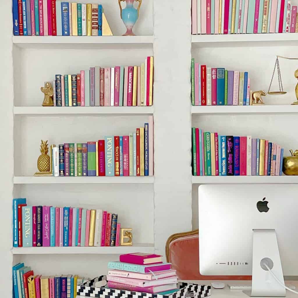 White Office Shelves With Pink and Blue Books - Soul & Lane