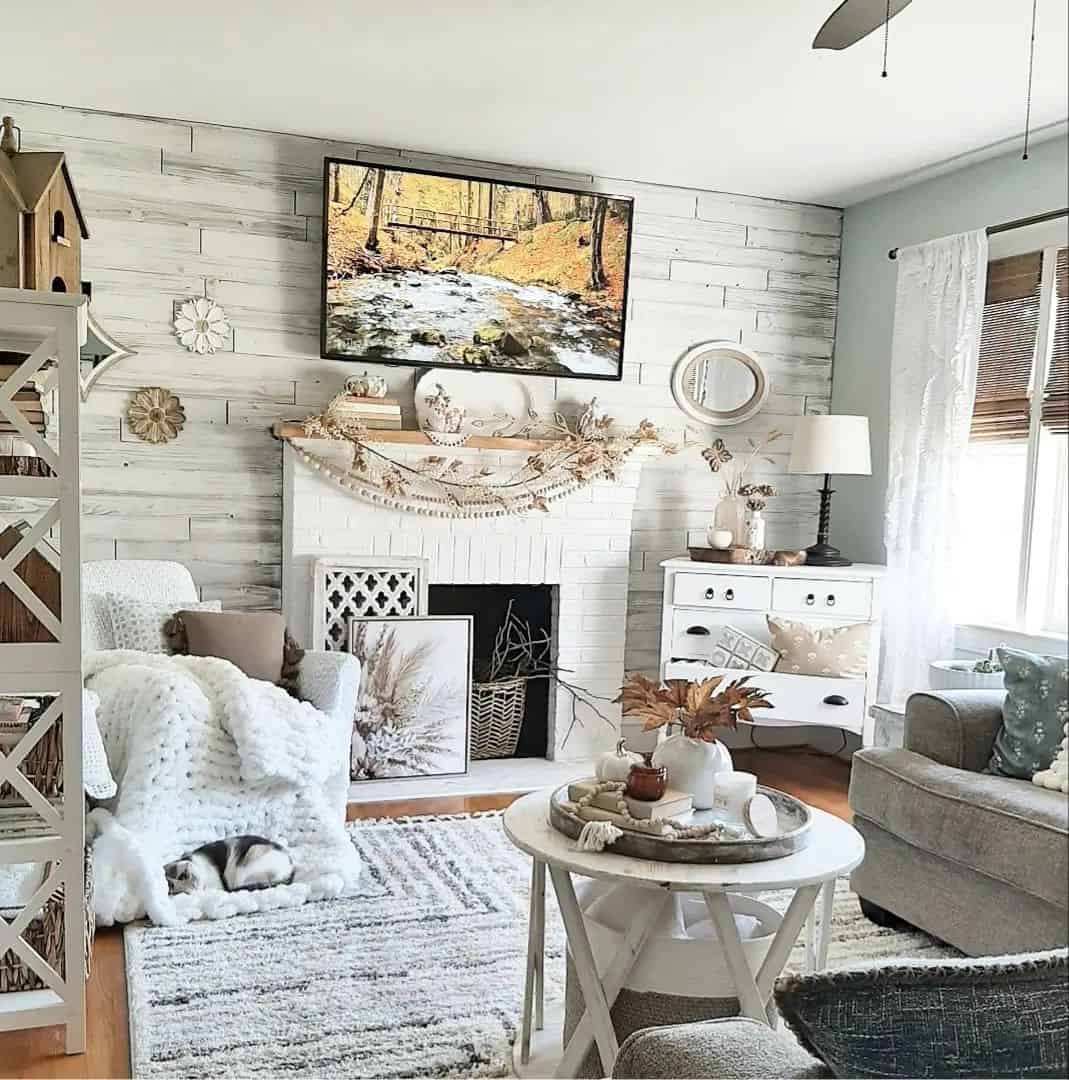 Whitewashed Wood Living Room Feature Wall - Soul & Lane