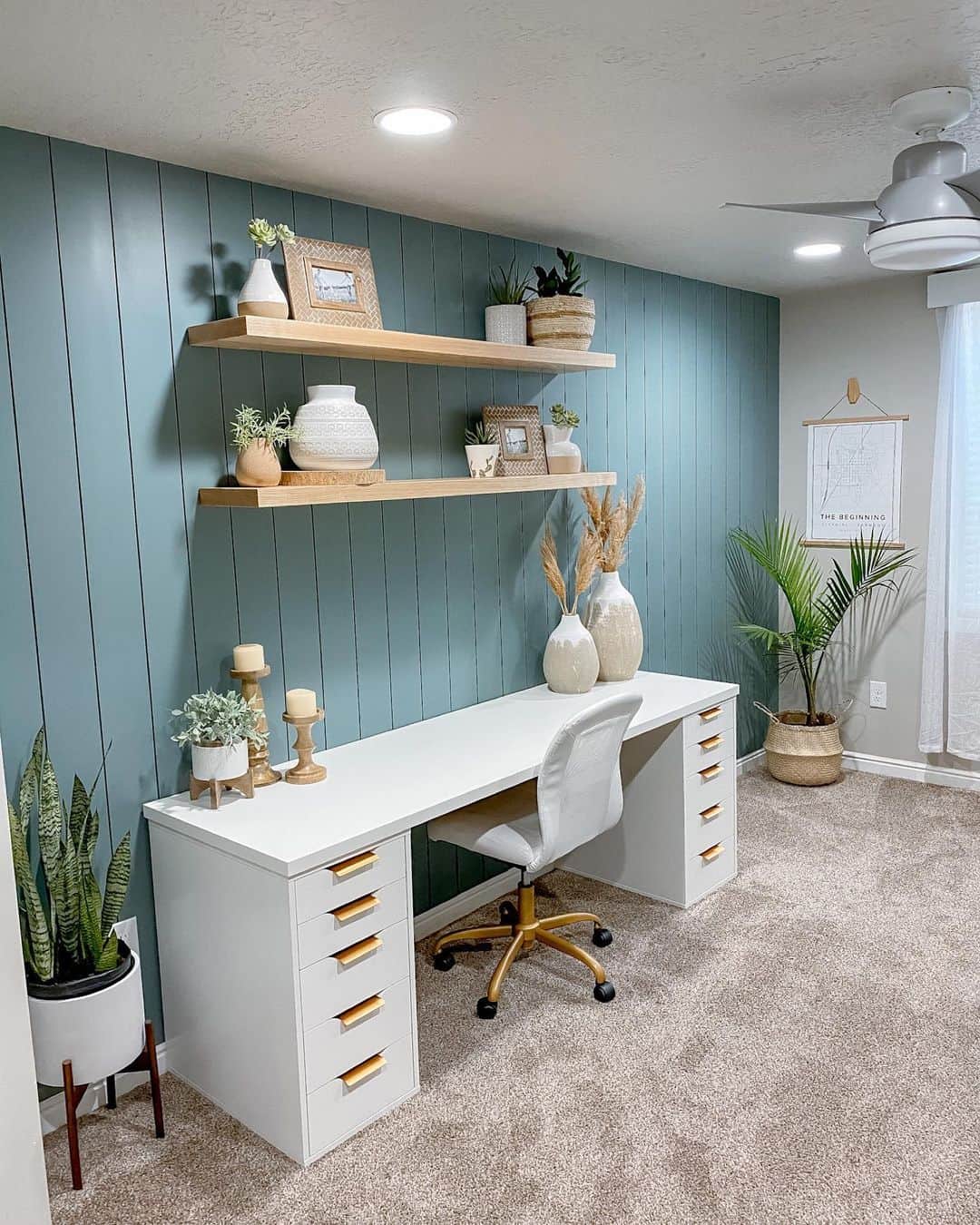 Beige Carpeted Office With Teal Shiplap Feature Wall - Soul & Lane