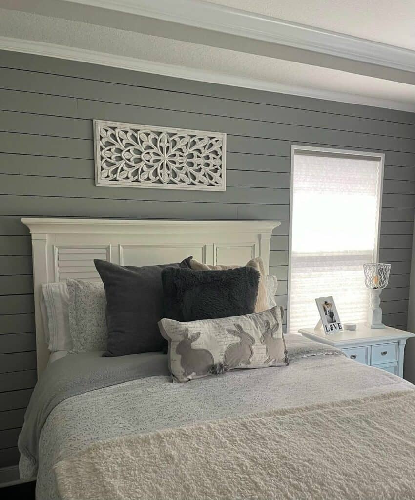 Gray Shiplap Walls in Farmhouse Bedroom - Soul & Lane