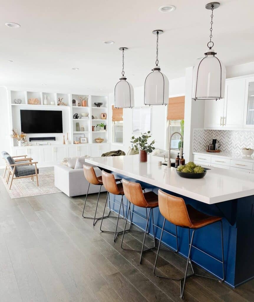 Linear Kitchen and Dining Space With Blue Island - Soul & Lane