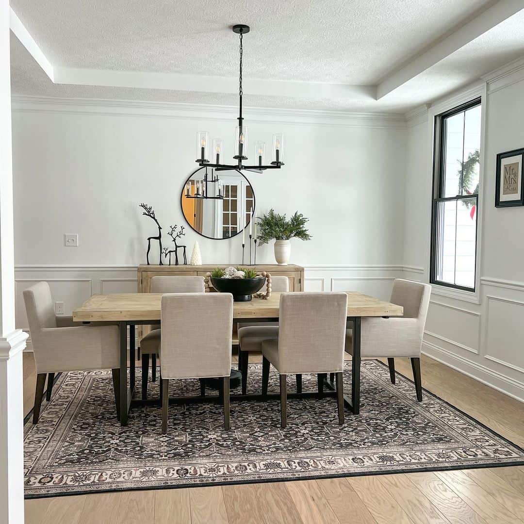 Minimalist Formal Dining Room With Statement Rug - Soul & Lane