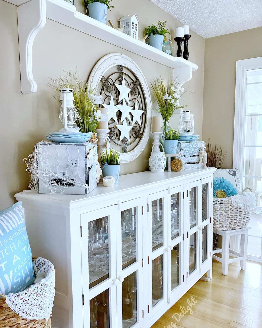 White Buffet With White and Blue Nautical Decorations - Soul & Lane