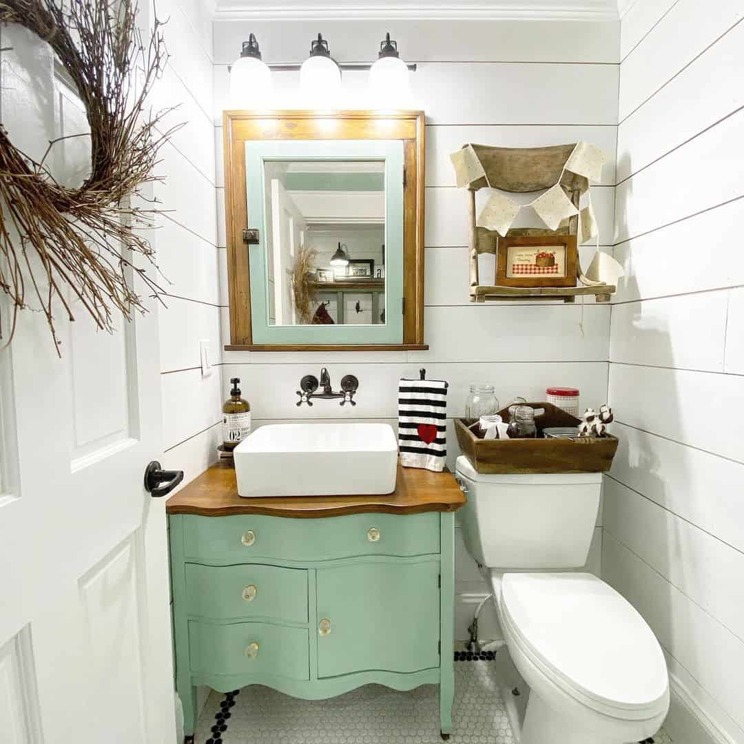 White Farmhouse Powder Room With Vintage Green Accents - Soul & Lane