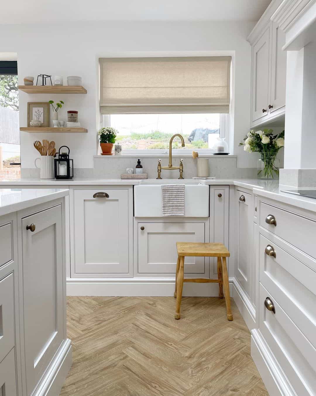 White Kitchen With Rustic Herringbone Floor - Soul & Lane