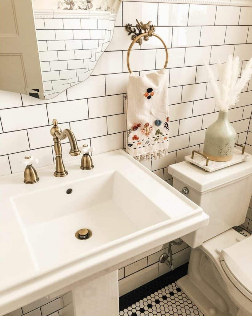 White Subway Tile Bathroom With Penny Tile Floor Soul And Lane