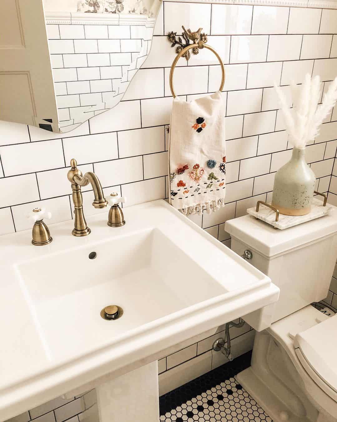 White Subway Tile Bathroom With Penny Tile Floor Soul And Lane