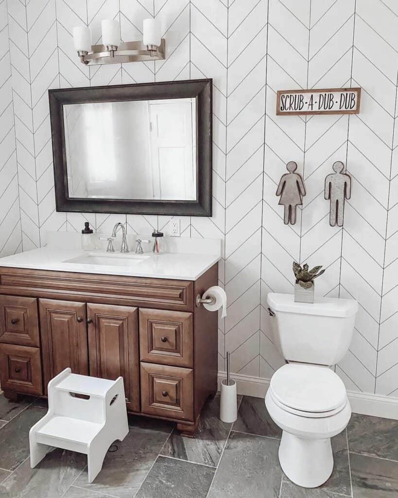 Bathroom With White Chevron Pattern Wall - Soul & Lane