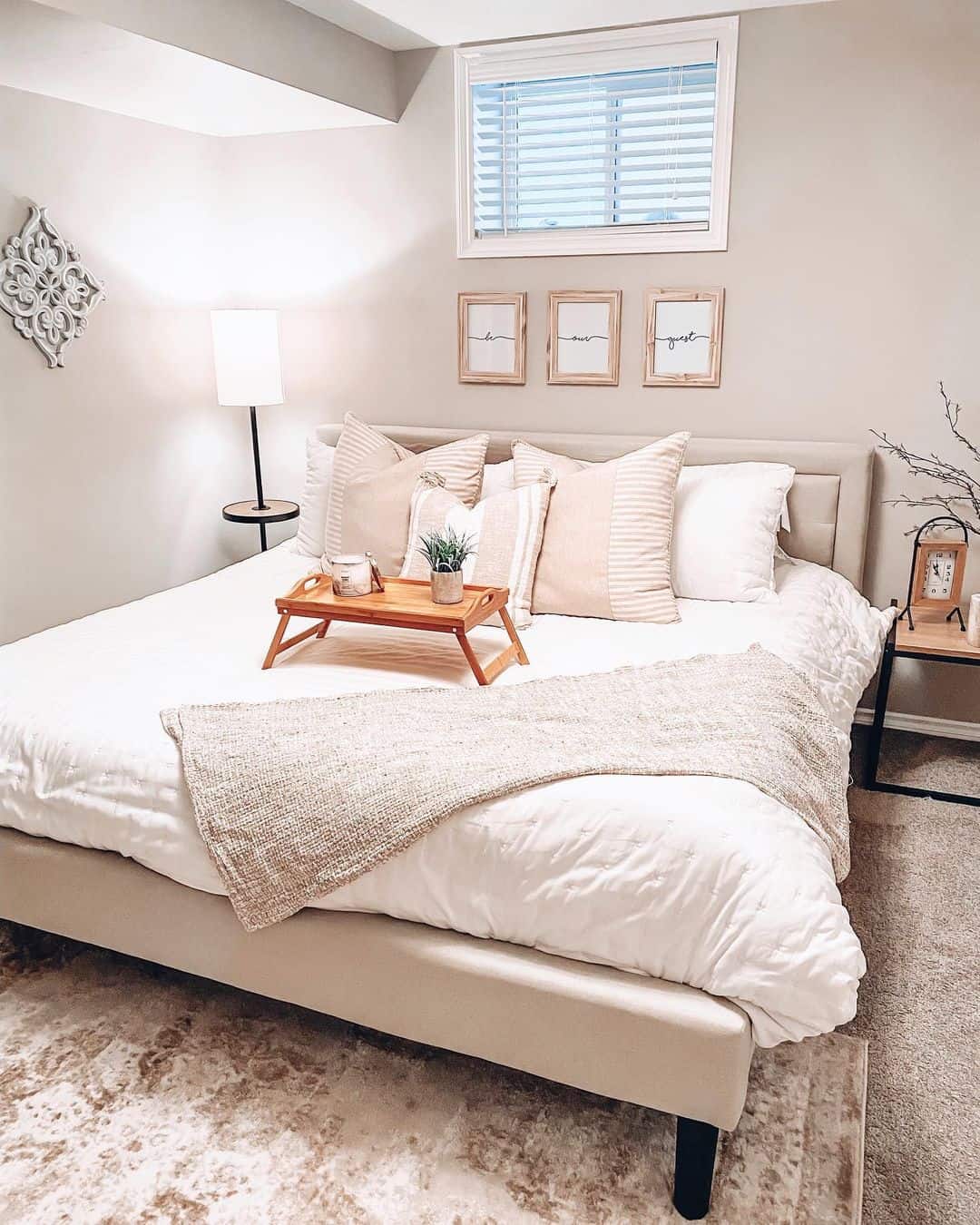 Cozy Guest Bedroom With Beige Upholstered Bed - Soul & Lane