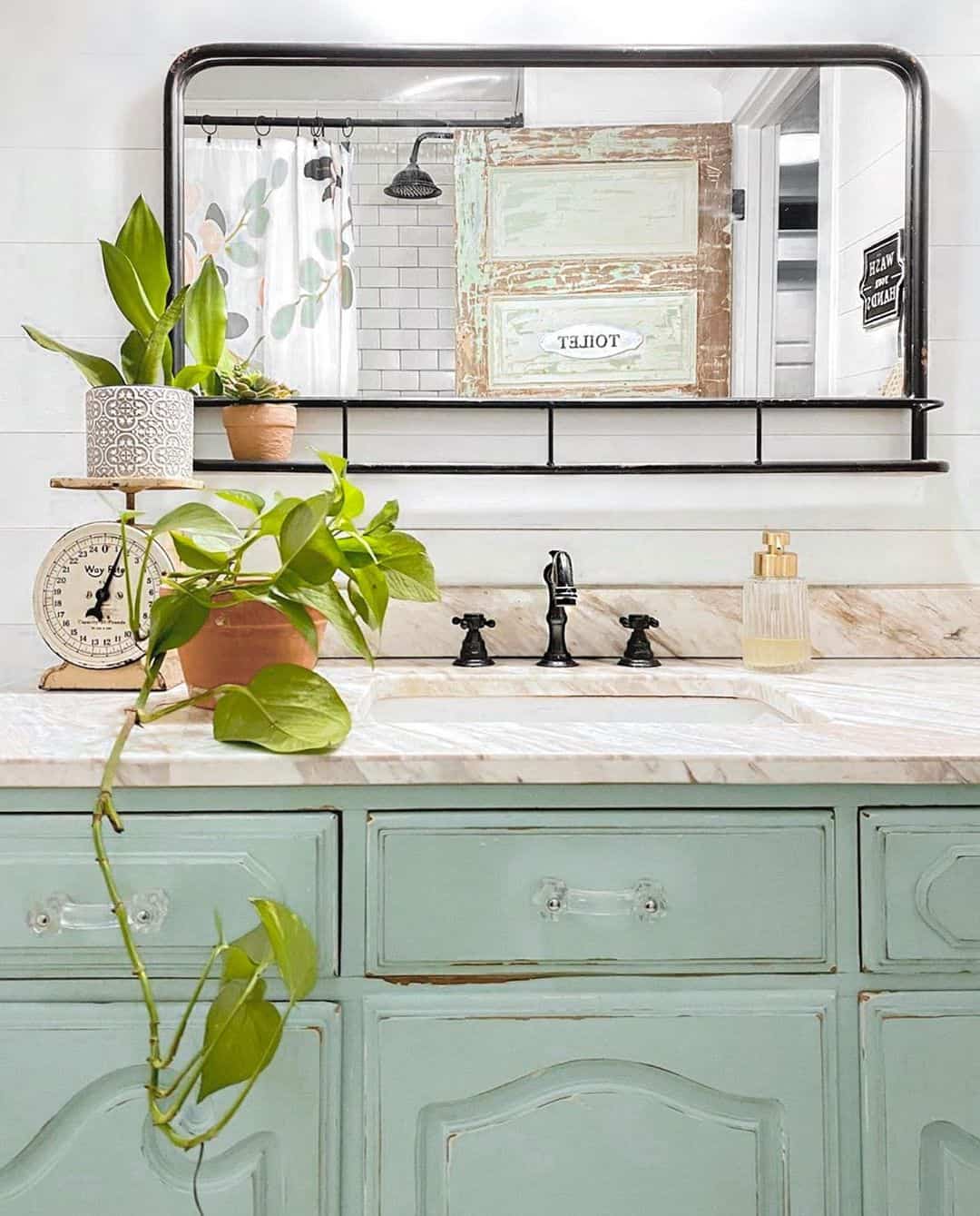 Farmhouse Bathroom With Pale Green Cabinets - Soul & Lane