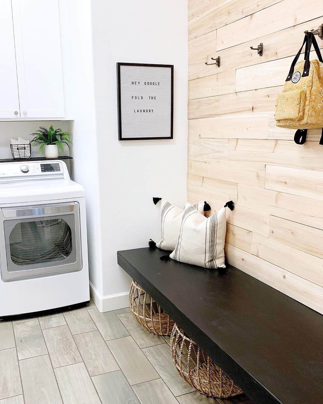 Mudroom Storage Wall With Natural Wood Panels - Soul & Lane