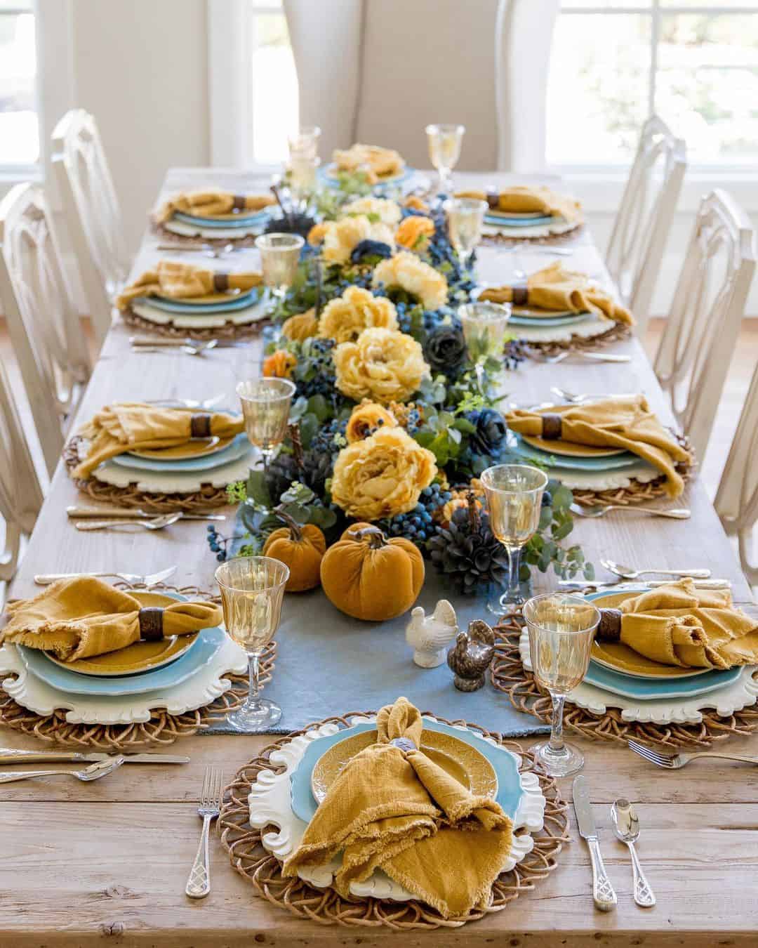 Vintage Orange and Bright Blue Thanksgiving Table Setting - Soul & Lane