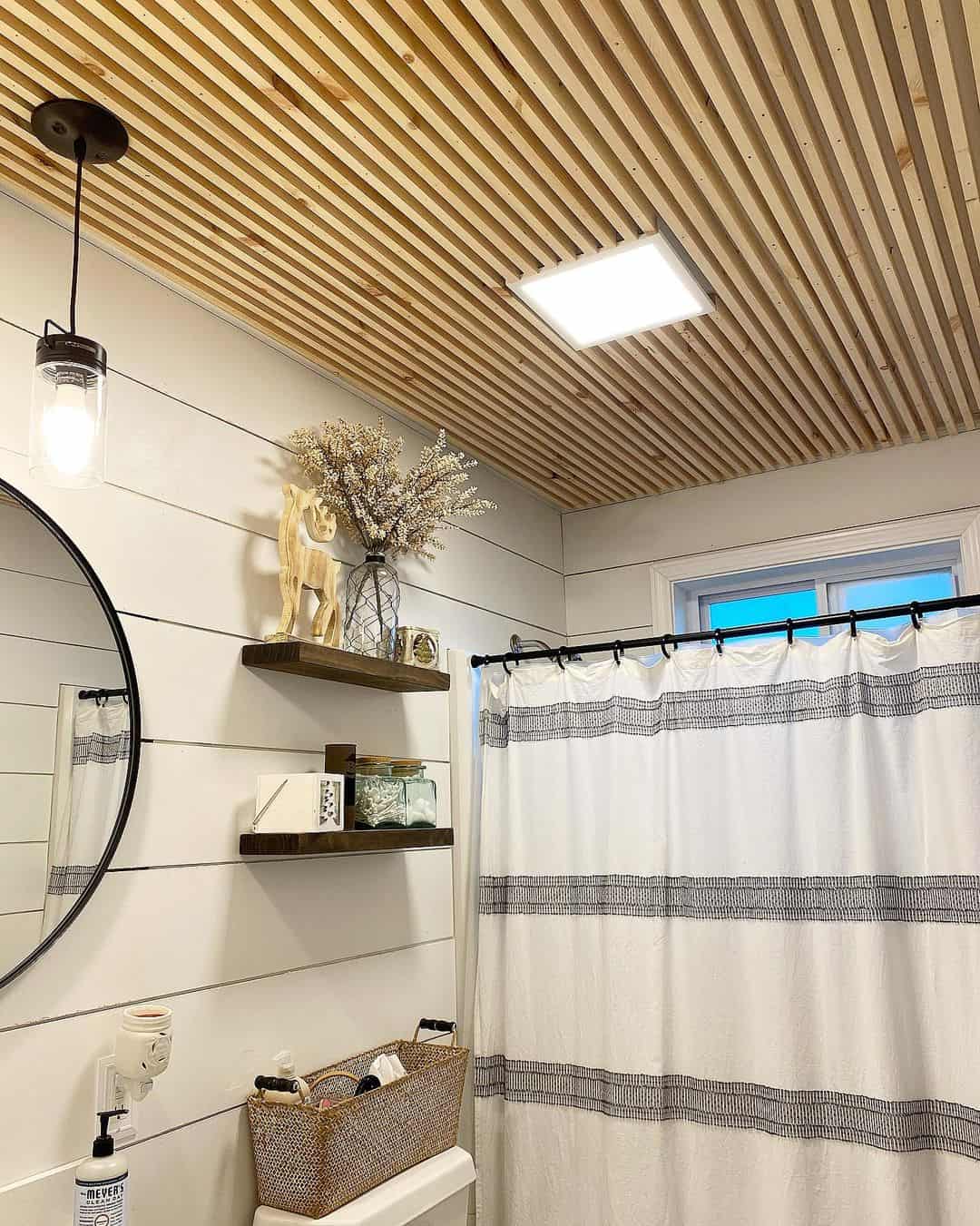 Farmhouse Bathroom Ideas With Skinny Slat Ceiling - Soul & Lane