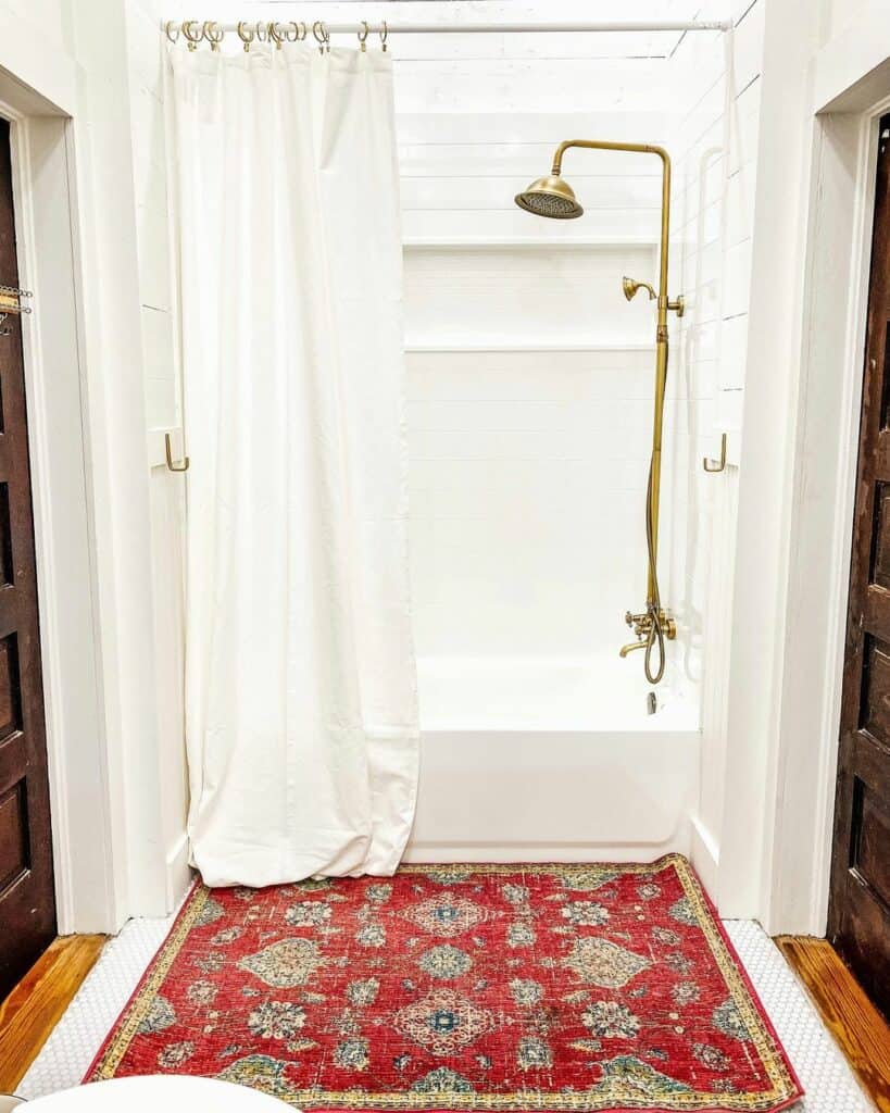 Farmhouse Bathroom With Red Vintage Rug - Soul & Lane