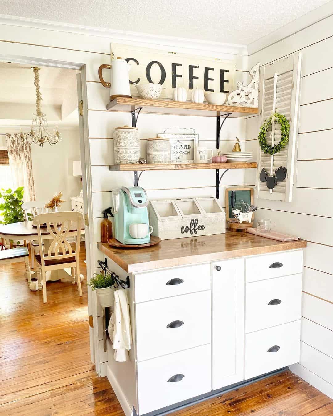 DIY Coffee Bar With White Shiplap Walls and Maple Shelves - Soul & Lane