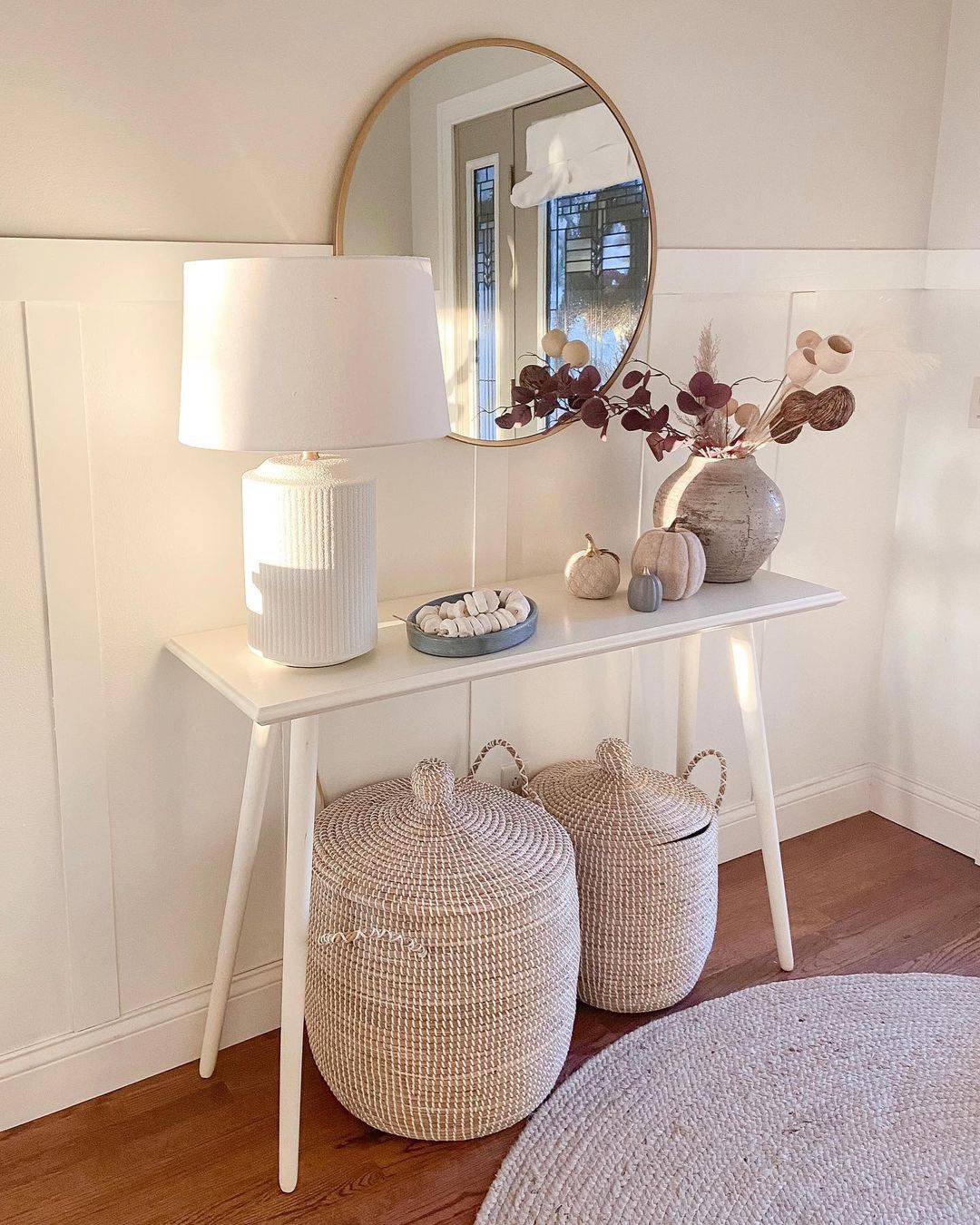Neutral Entryway Decor With Woven Baskets - Soul & Lane